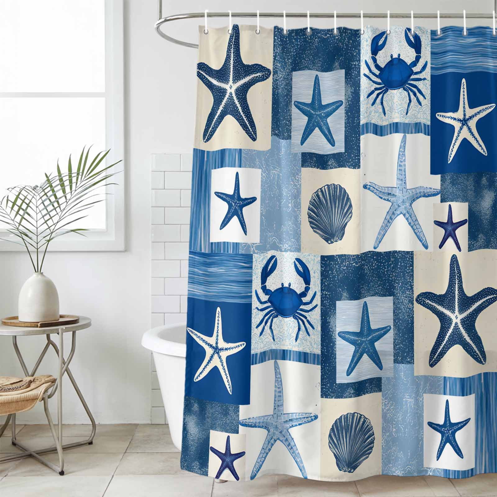 Bathroom Shower Curtain Abstract Blue Starfish Crab Waterproof Shower ...