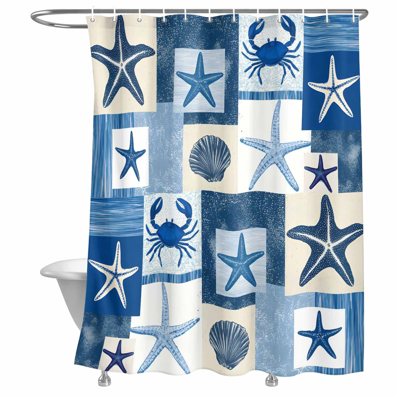 Bathroom Shower Curtain Abstract Blue Starfish Crab Waterproof Shower ...
