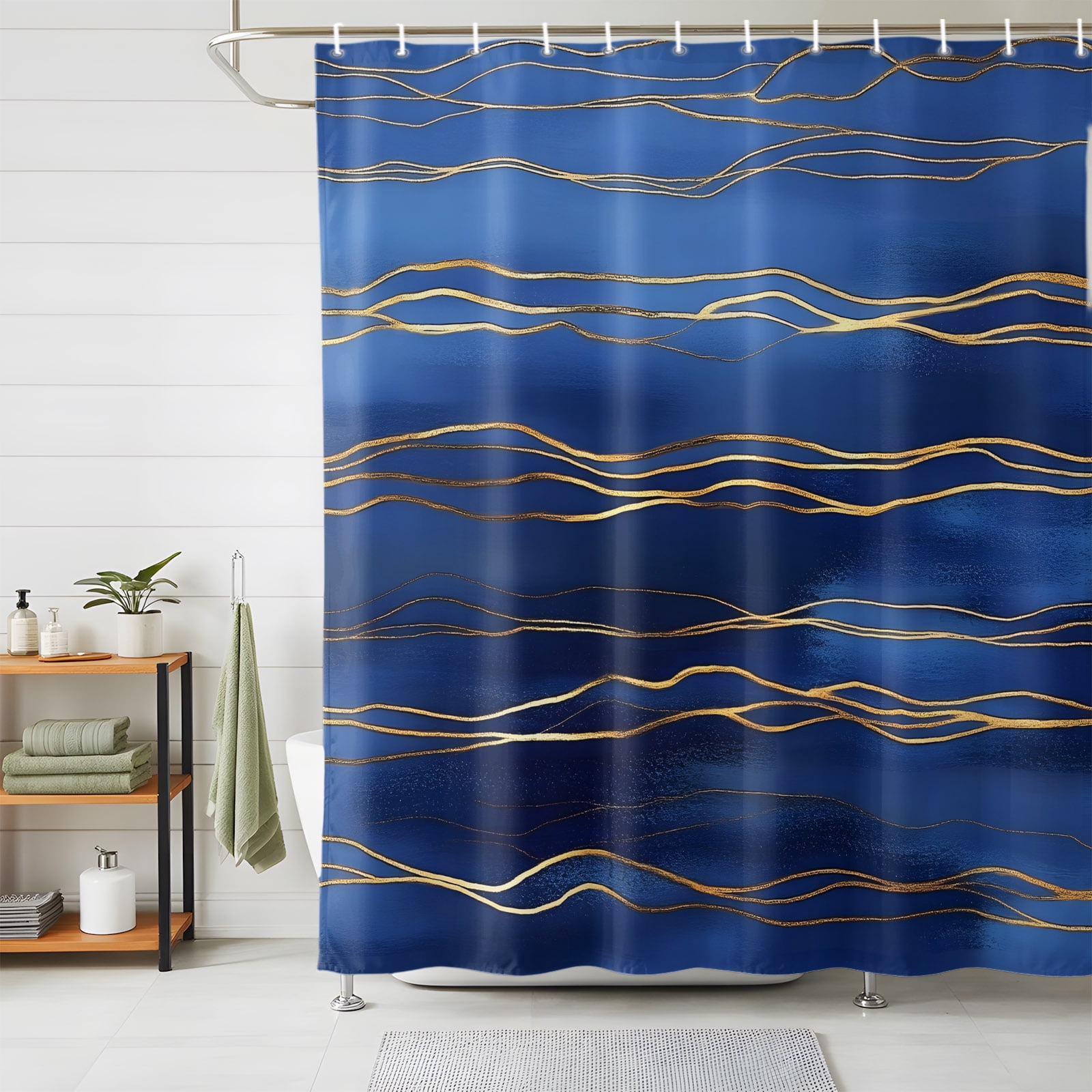 Bathroom Shower Curtain Abstract Deep Blue Sea Golden Line Waterproof ...