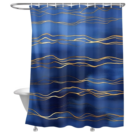 Bathroom Shower Curtain Abstract Deep Blue Sea Golden Line Waterproof ...