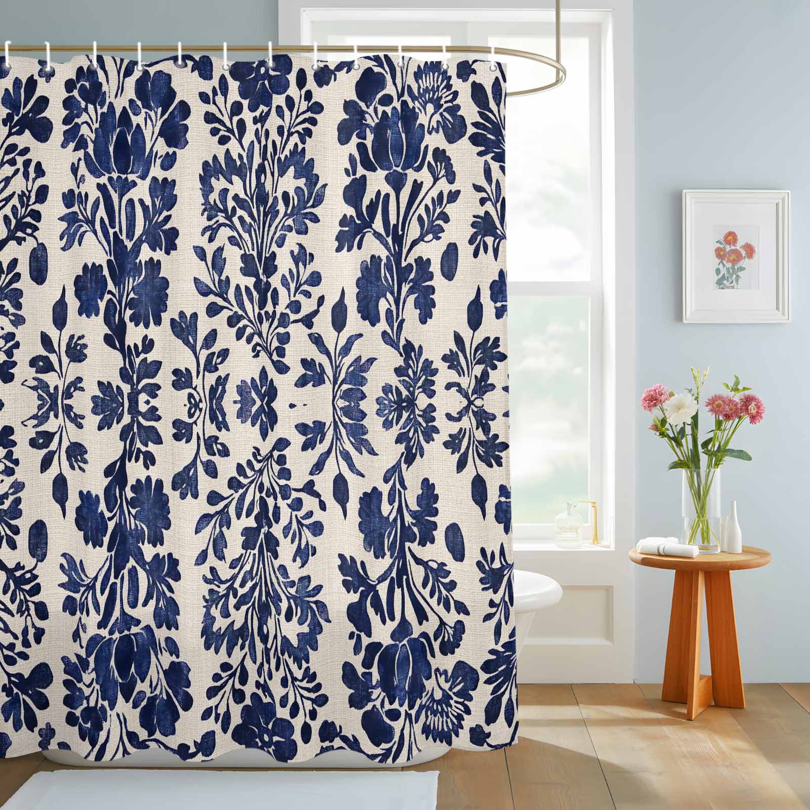 Bathroom Shower Curtain Abstract Flower Deep Blue Waterproof Shower ...