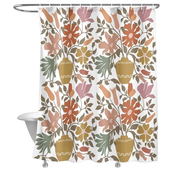 Bathroom Shower Curtain Abstract Flower Leaves Sketch Vase Waterproof ...