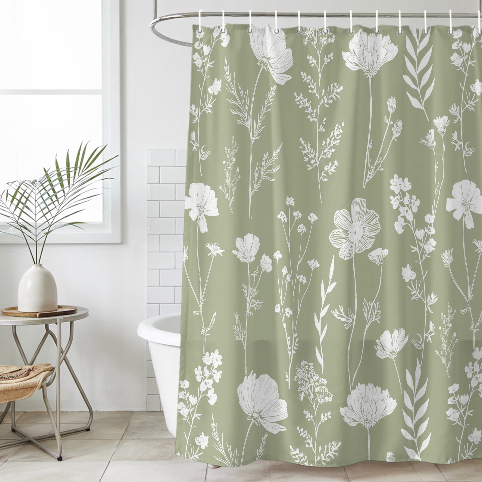 Bathroom Shower Curtain Abstract Flower Sage Green Waterproof Shower ...