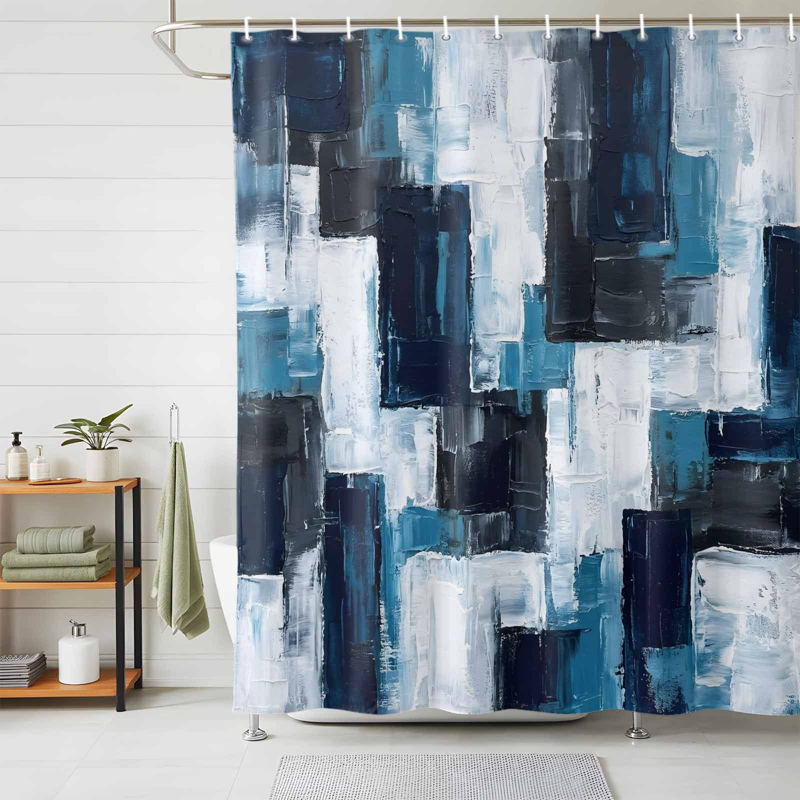 Bathroom Shower Curtain Abstract Graffiti Blue White Color Block ...
