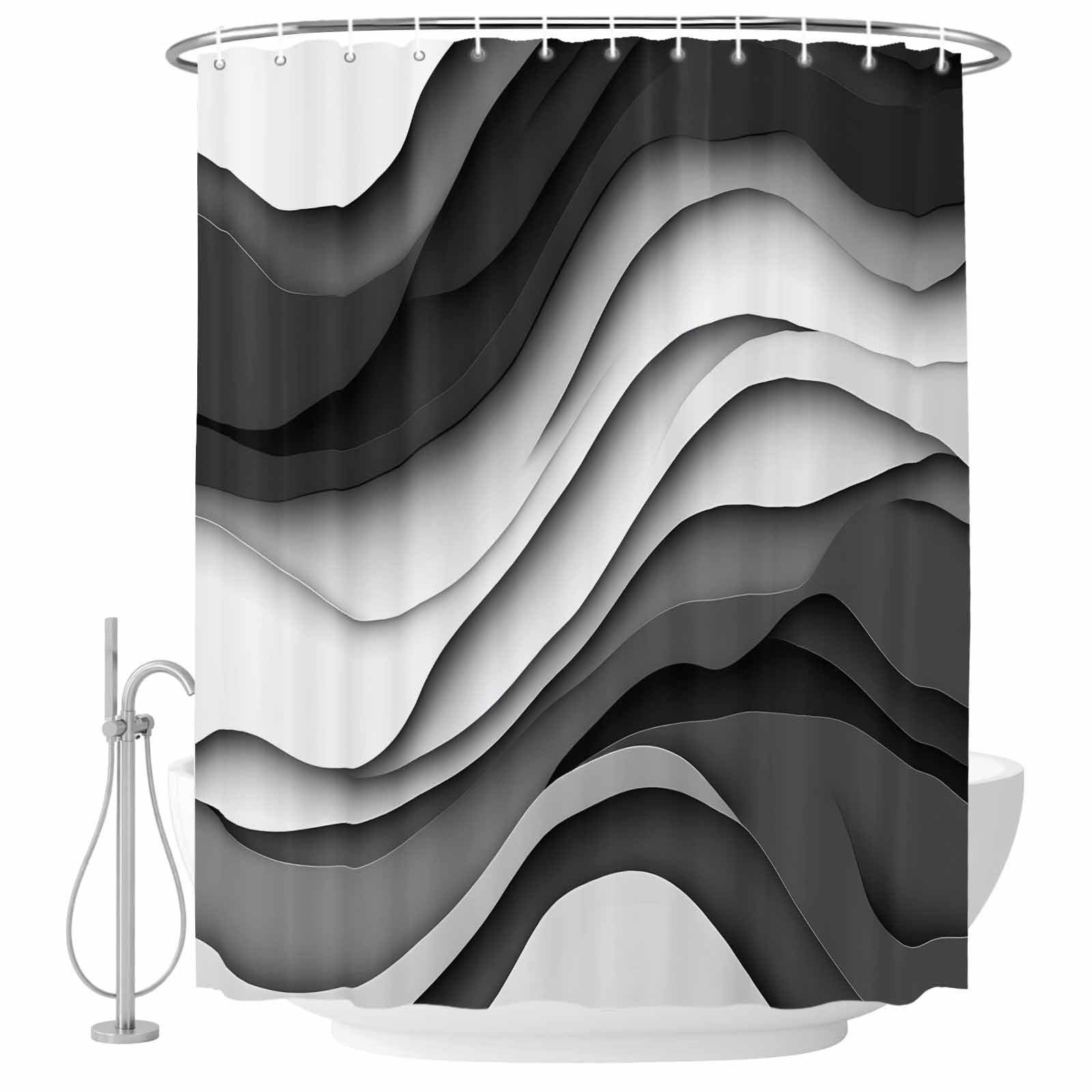 Bathroom Shower Curtain Abstract Grey White Black Waves Waterproof ...