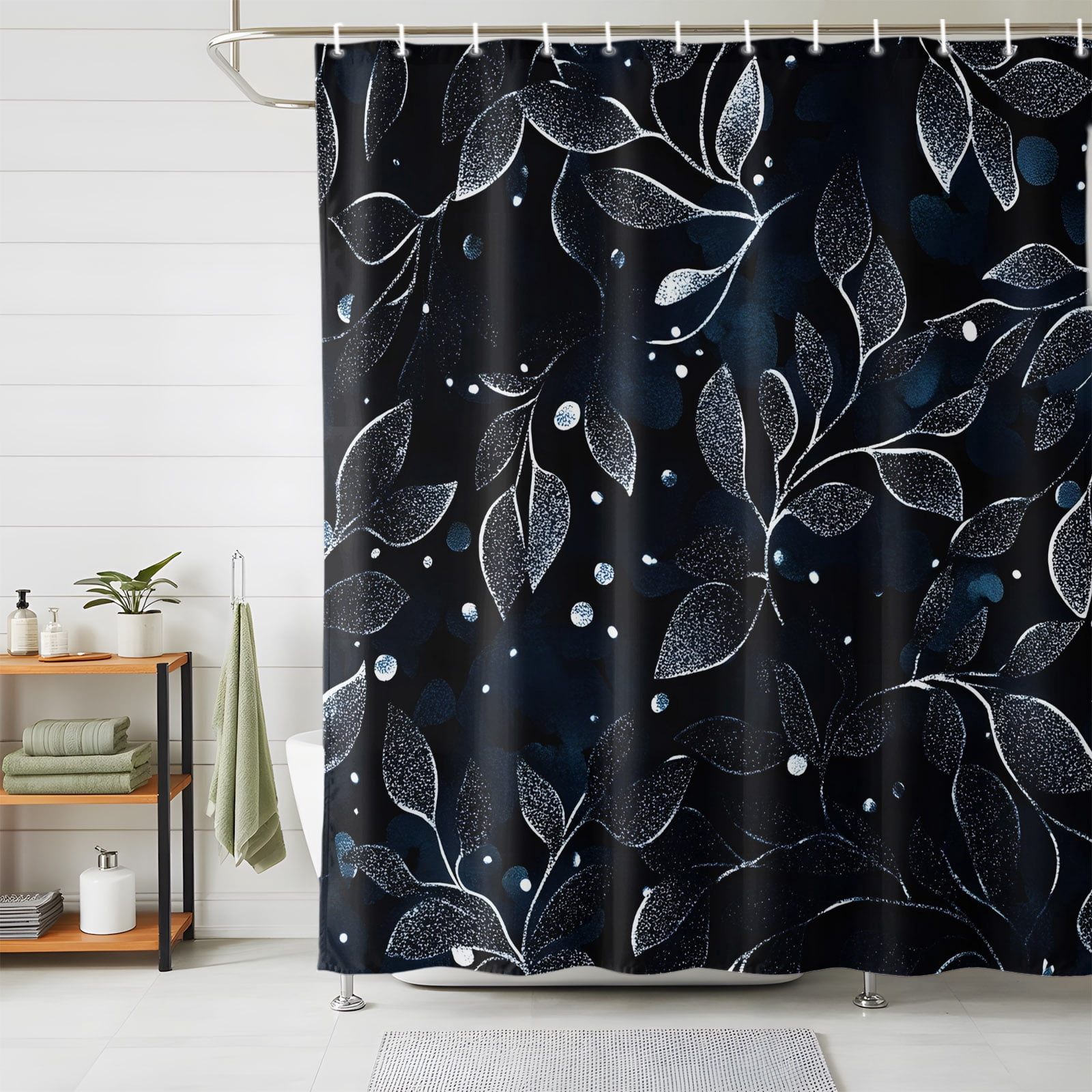 Bathroom Shower Curtain Abstract Leaf Silhouette on Black Waterproof ...