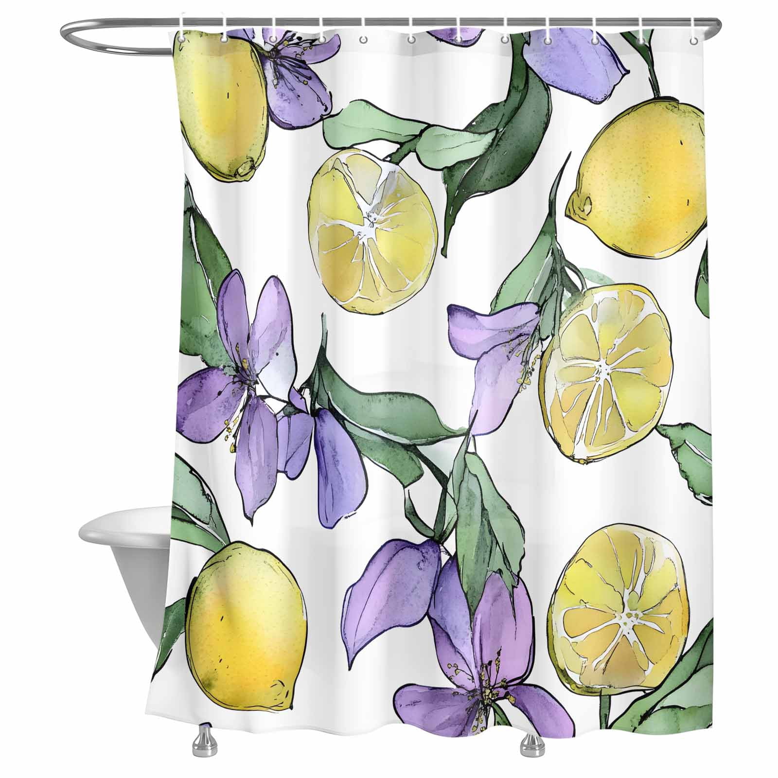 Bathroom Shower Curtain Abstract Lemon Purple Wildflower Waterproof ...