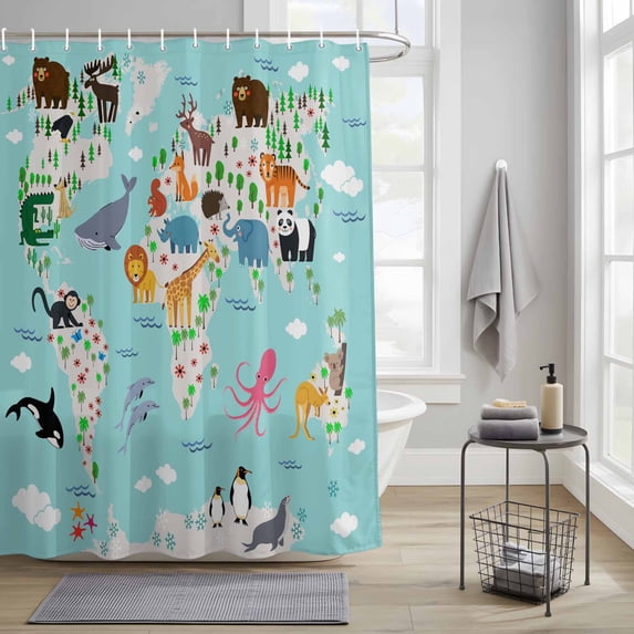 Bathroom Shower Curtain Abstract Map Cartoon Animals Waterproof Shower ...
