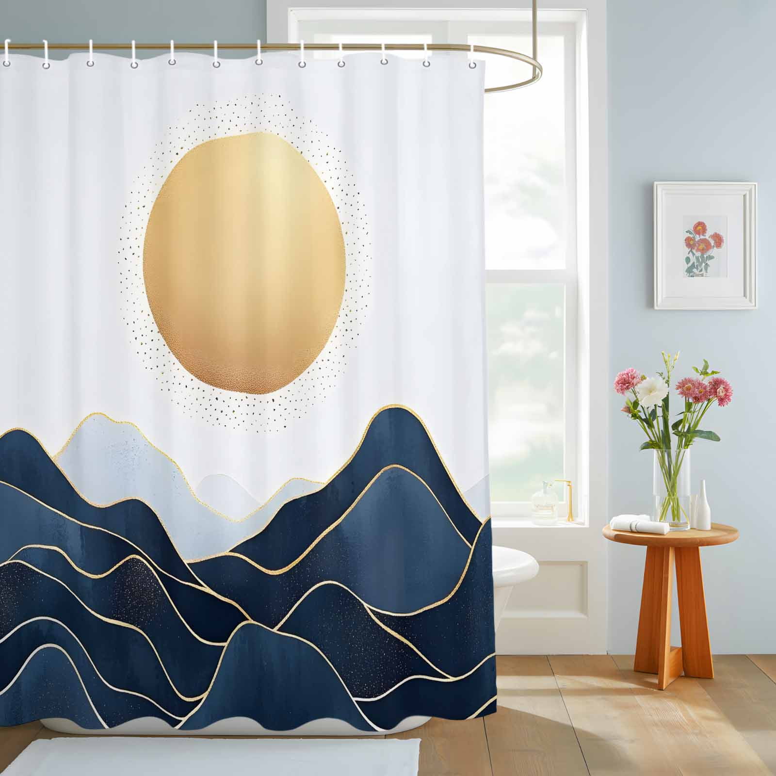 Bathroom Shower Curtain Abstract Mountain Navy Blue Stripe Waterproof ...
