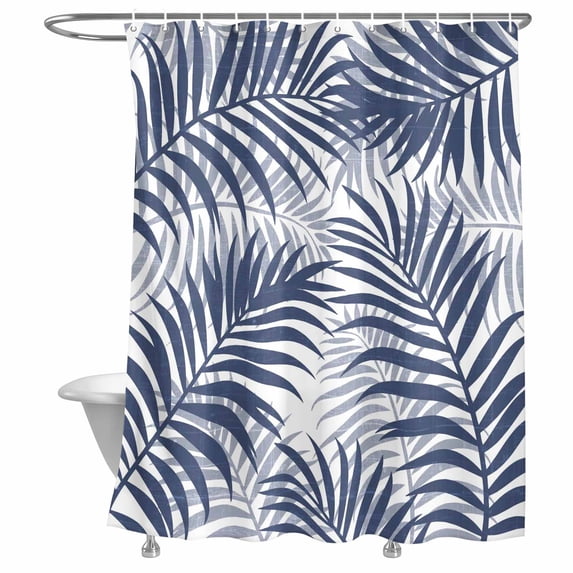 Bathroom Shower Curtain Abstract Navy Blue Palms Leaves Waterproof ...