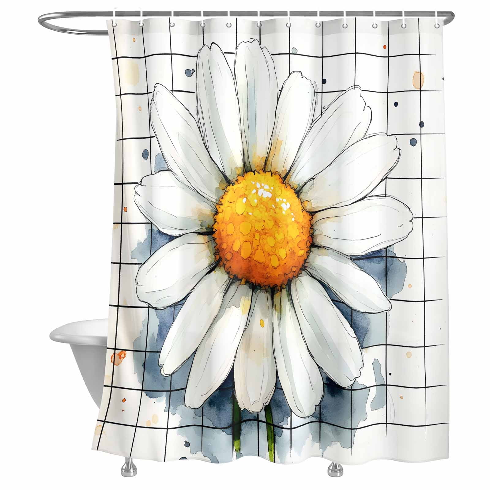 Bathroom Shower Curtain Abstract Orange Blue Watercolor Daisy ...