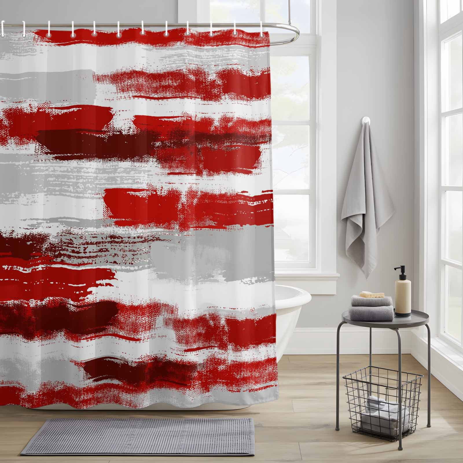 Bathroom Shower Curtain Abstract Red Grey Striped Waterproof Shower ...