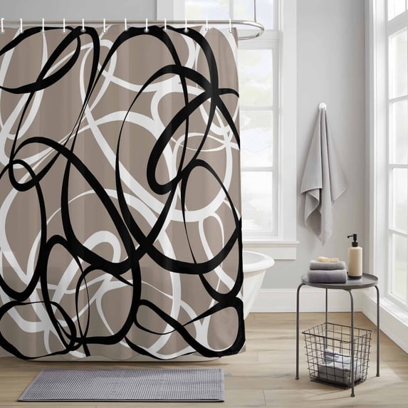 Bathroom Shower Curtain Abstract Stripe Black White on Gray Waterproof ...