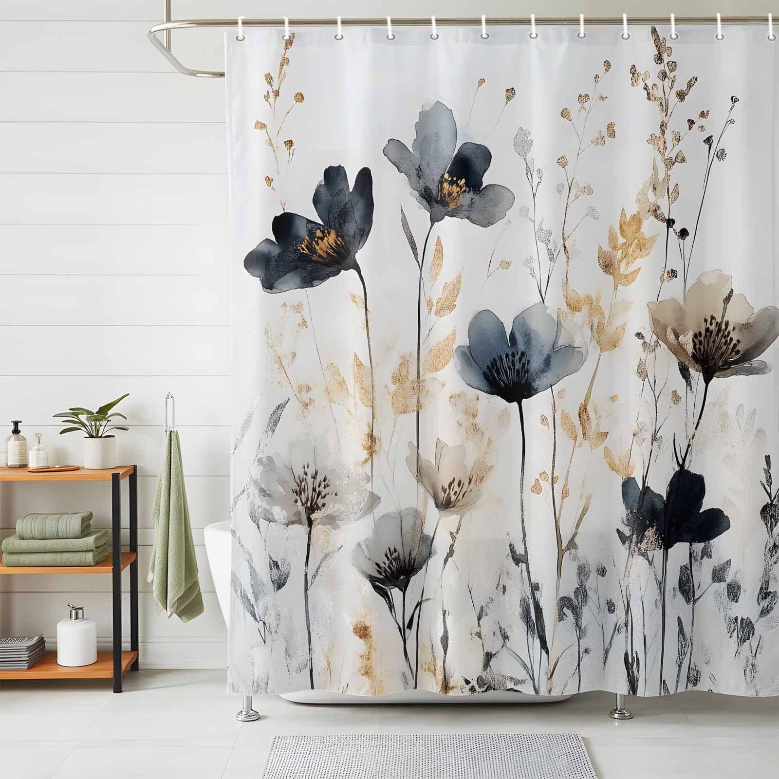 Bathroom Shower Curtain Abstract Watercolor Flowers Waterproof Shower ...
