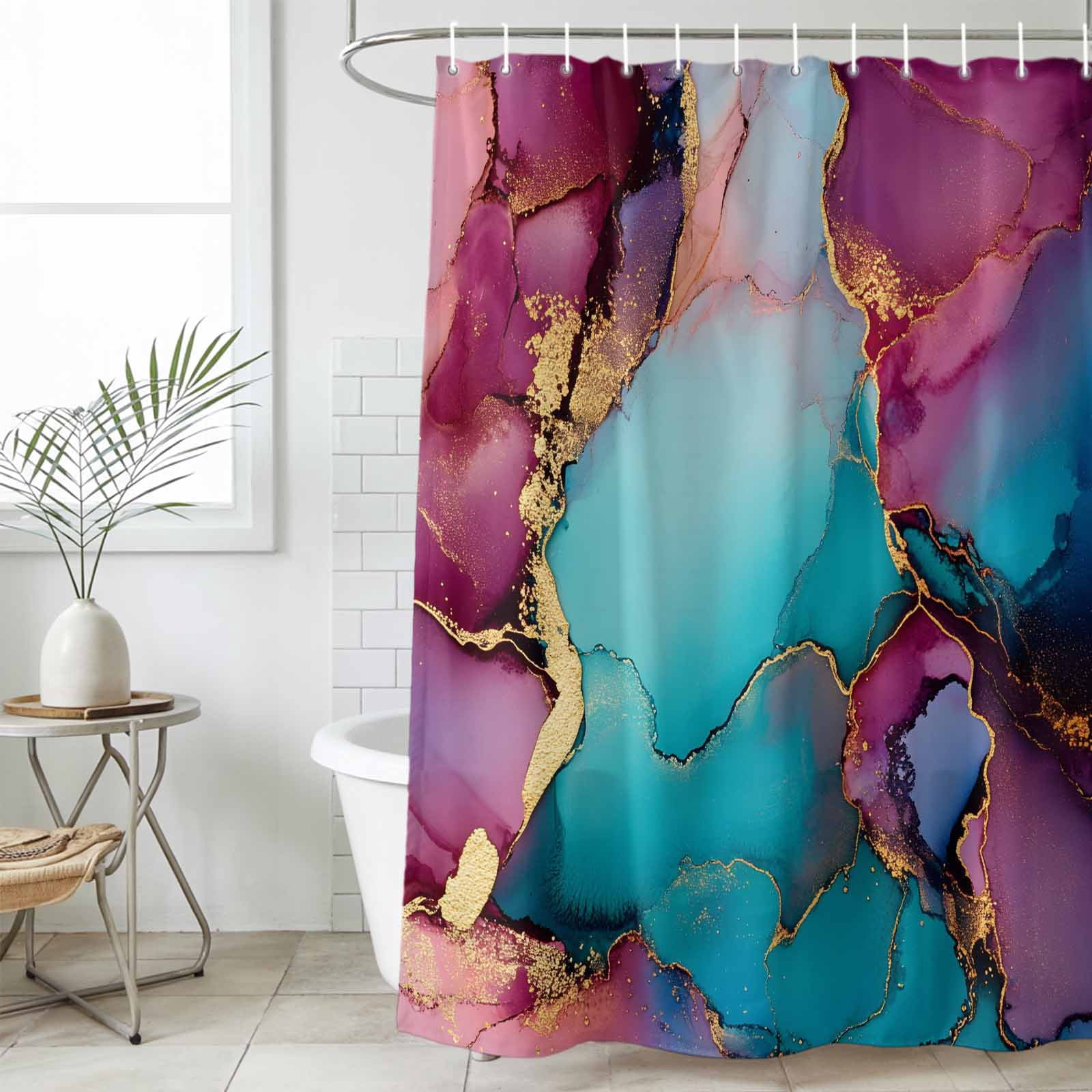 Bathroom Shower Curtain Abstract Watercolor Gold Lines Art Waterproof ...