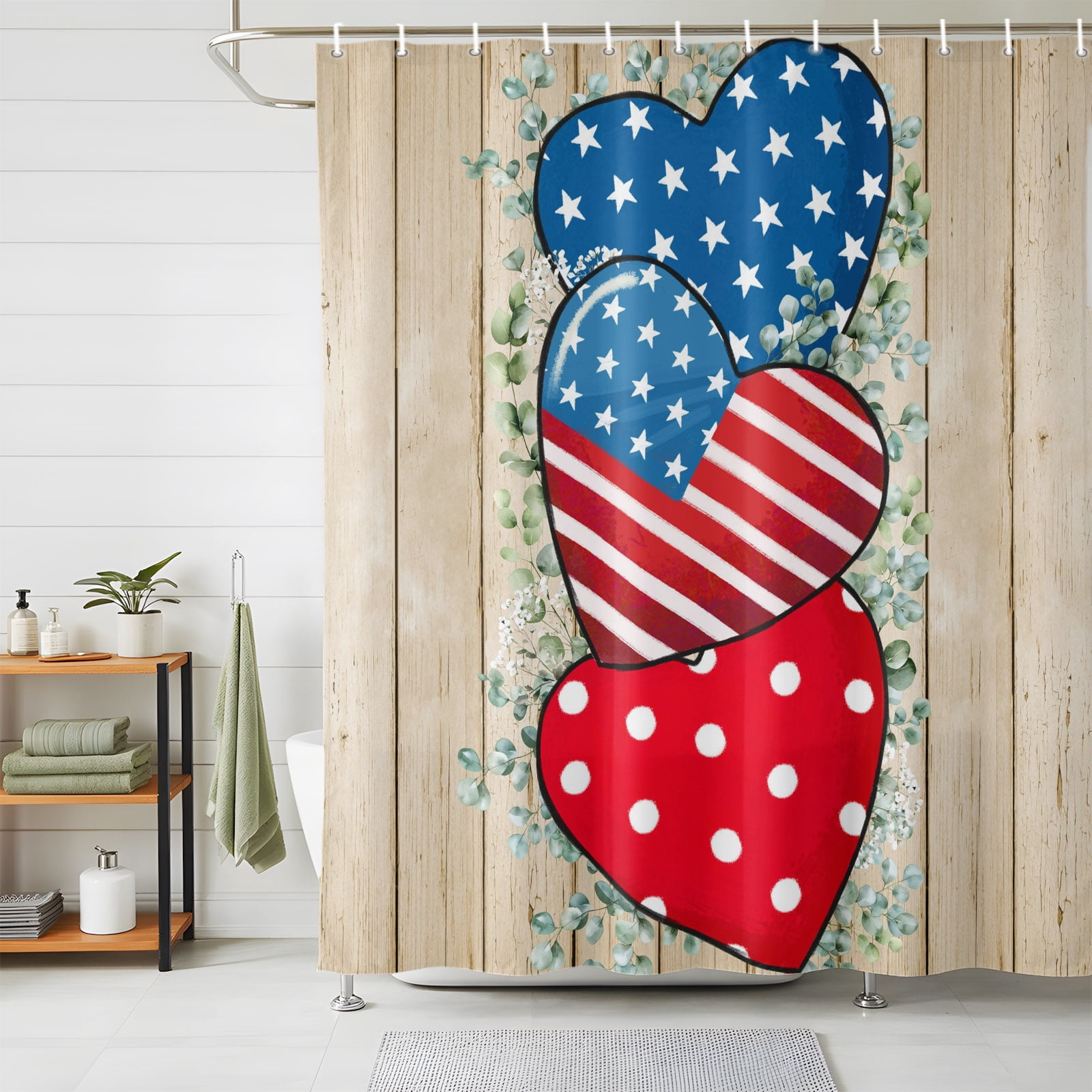 Bathroom Shower Curtain American Blue Red Love Heart Waterproof Shower ...