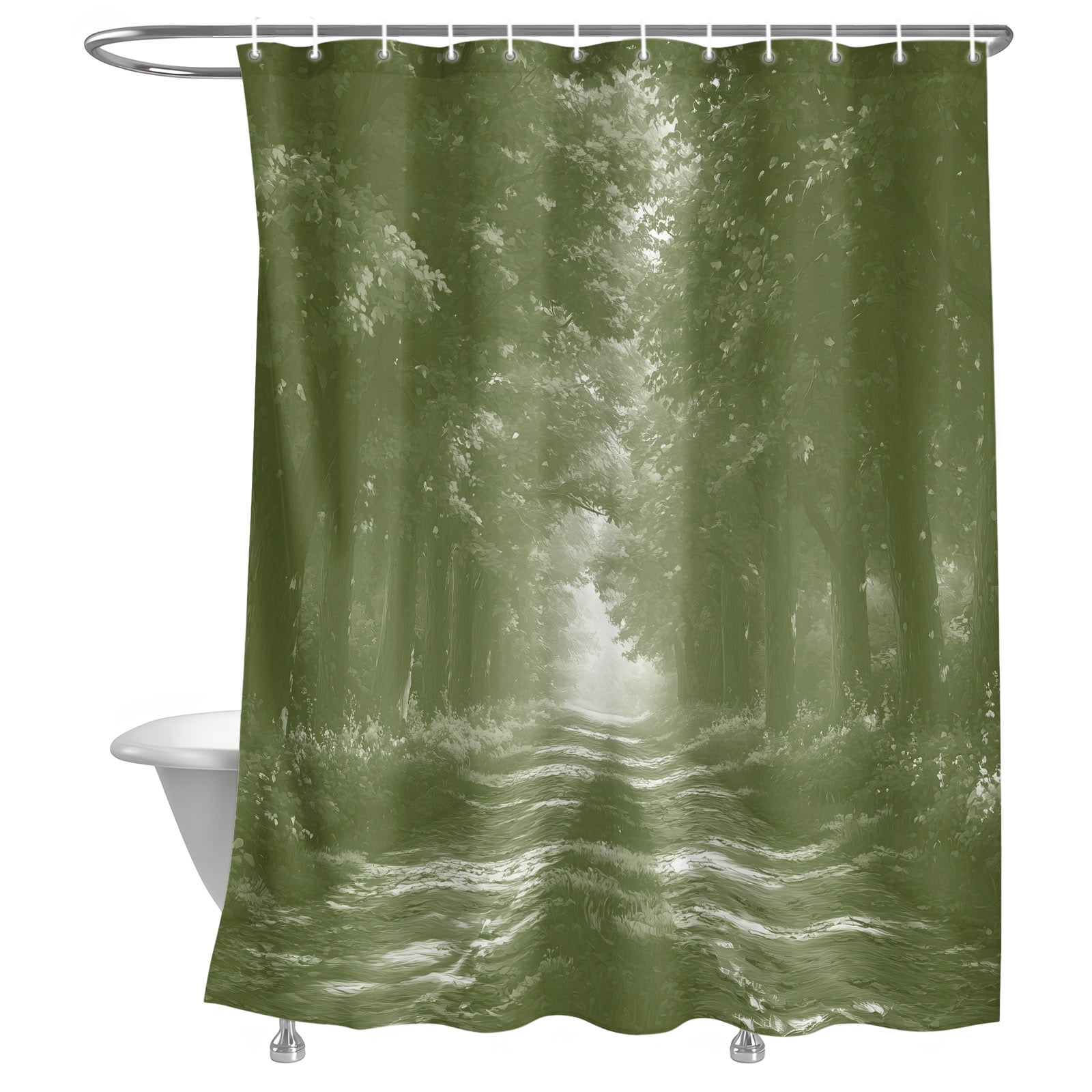 Bathroom Shower Curtain Art Sage Green Tree Woods Forest Waterproof ...