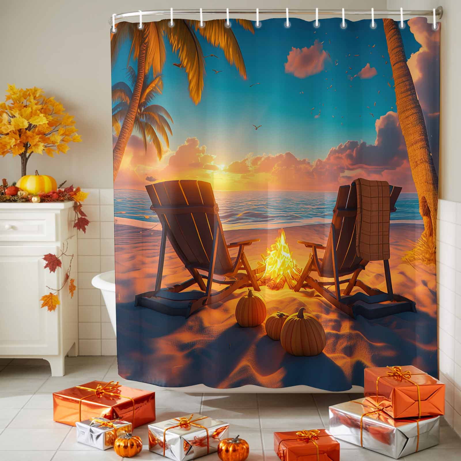 Bathroom Shower Curtain Autumn Beach Campfire Pumpkin Waterproof Shower ...