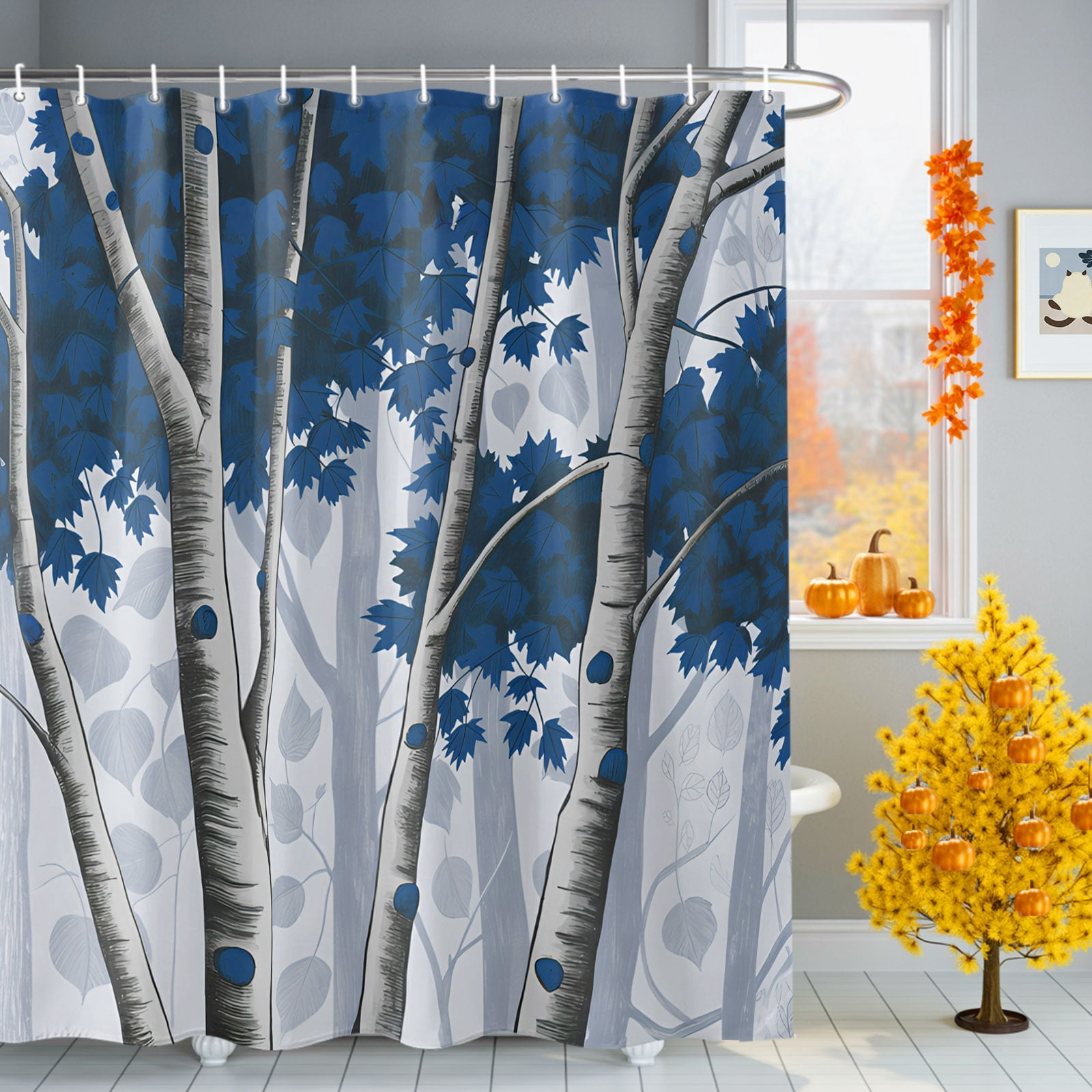Bathroom Shower Curtain Autumn Blue Maple Leaf Waterproof Shower ...