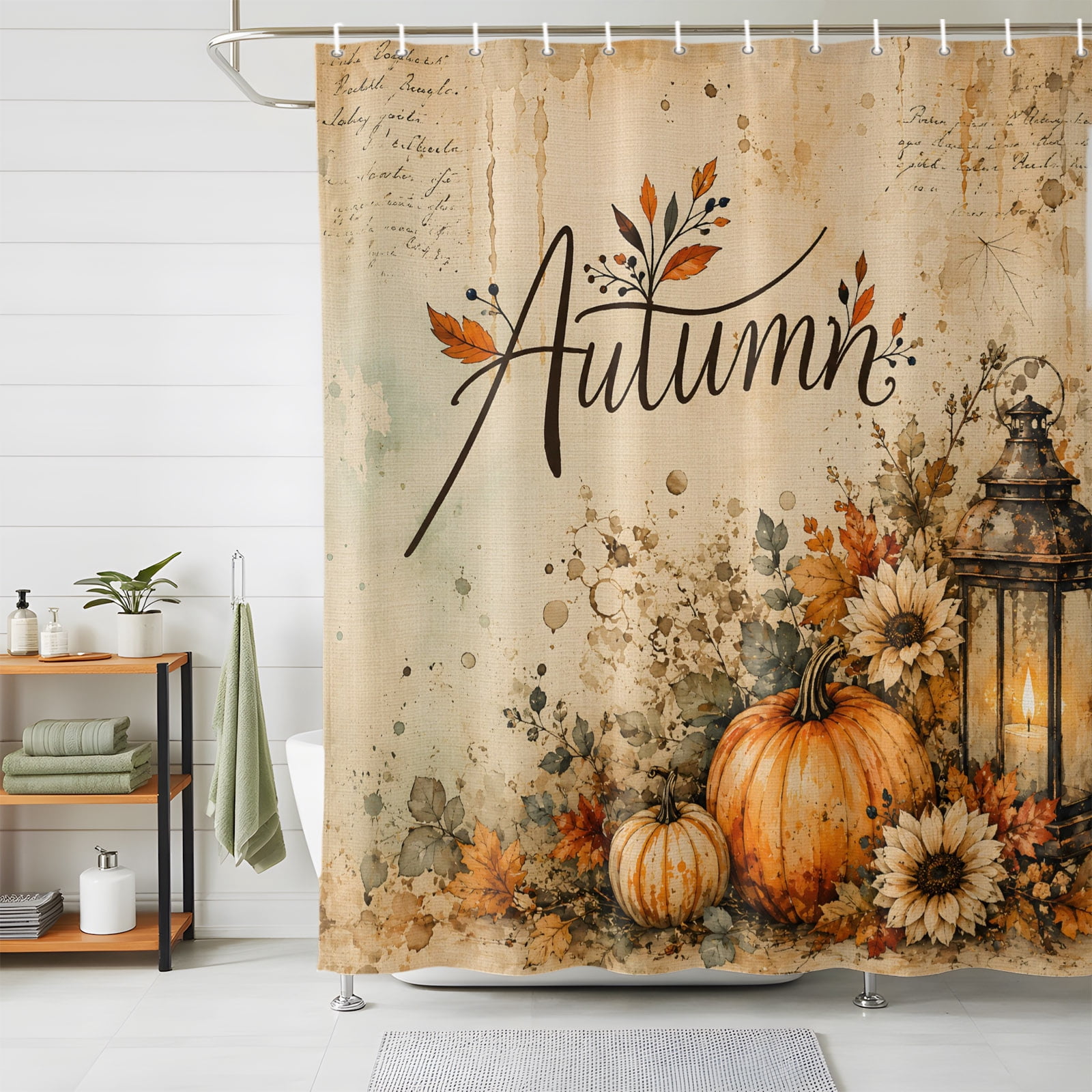Bathroom Shower Curtain Autumn Farm Pumpkins Sunflowers Waterproof ...
