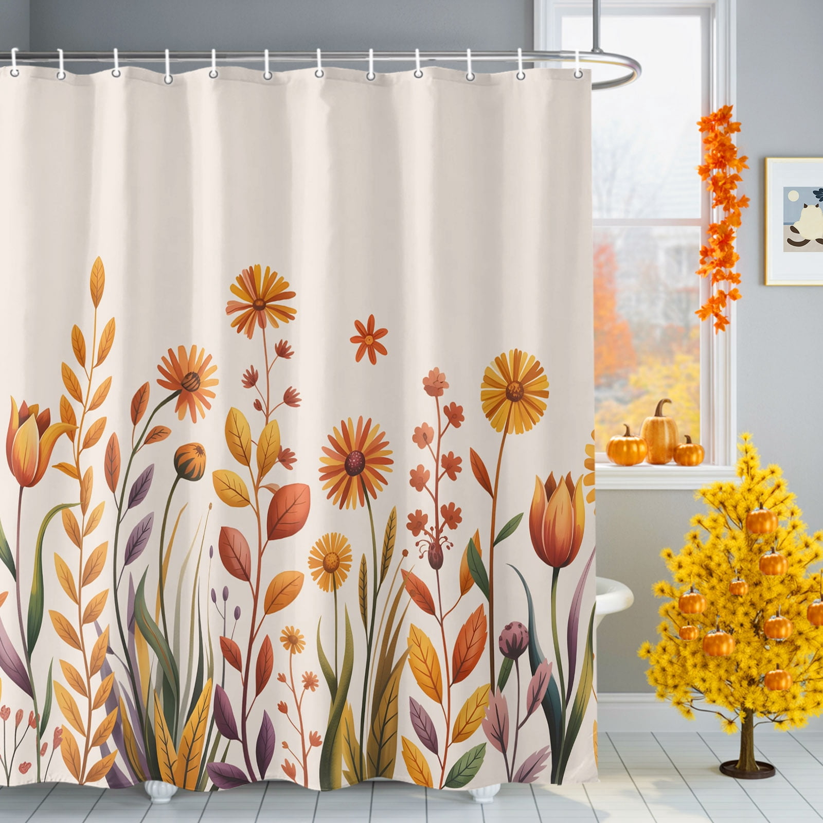 Bathroom Shower Curtain Autumn Flower Leaves Watercolor Waterproof ...