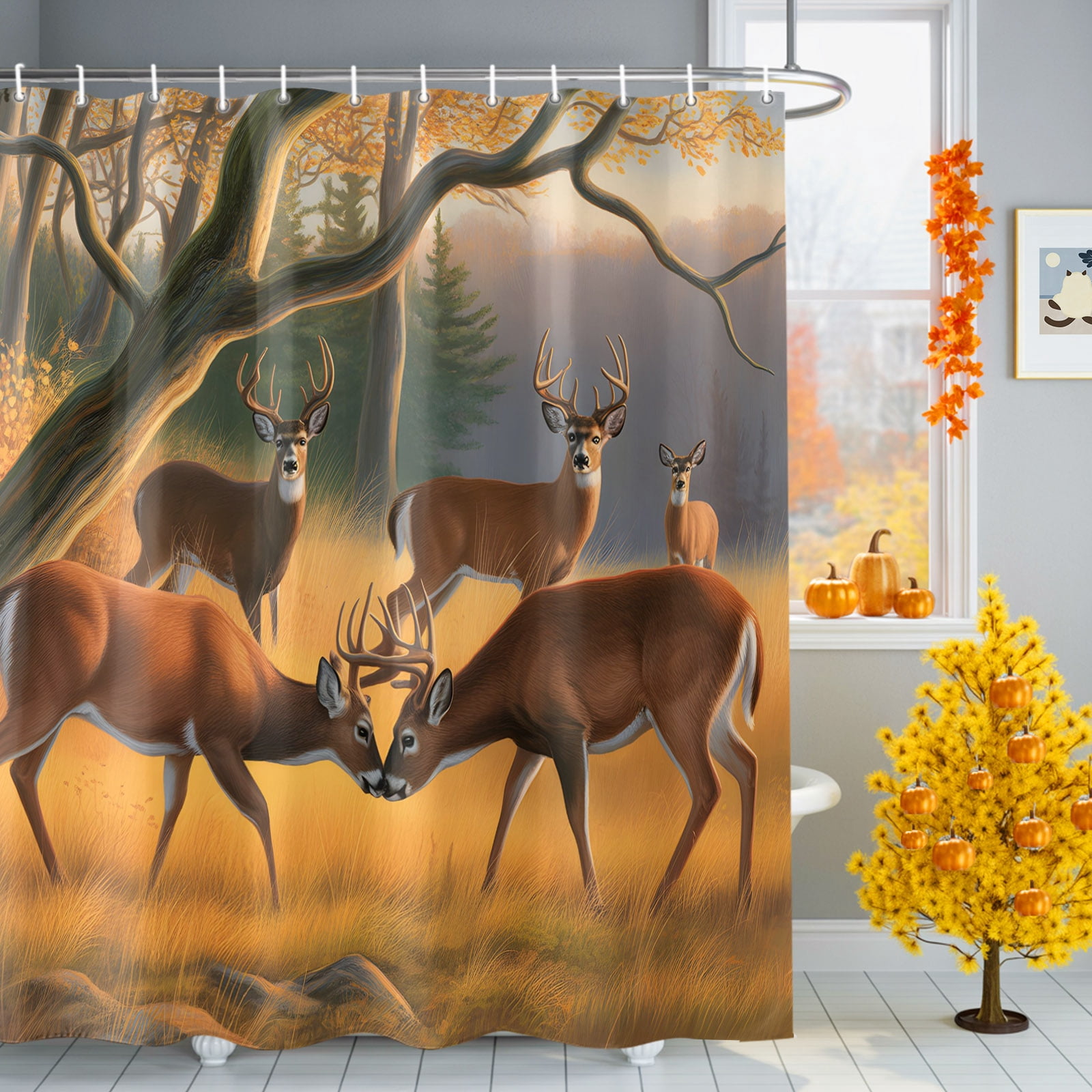 Bathroom Shower Curtain Autumn Forest Elk Yellow Leaves Tree Waterproof ...