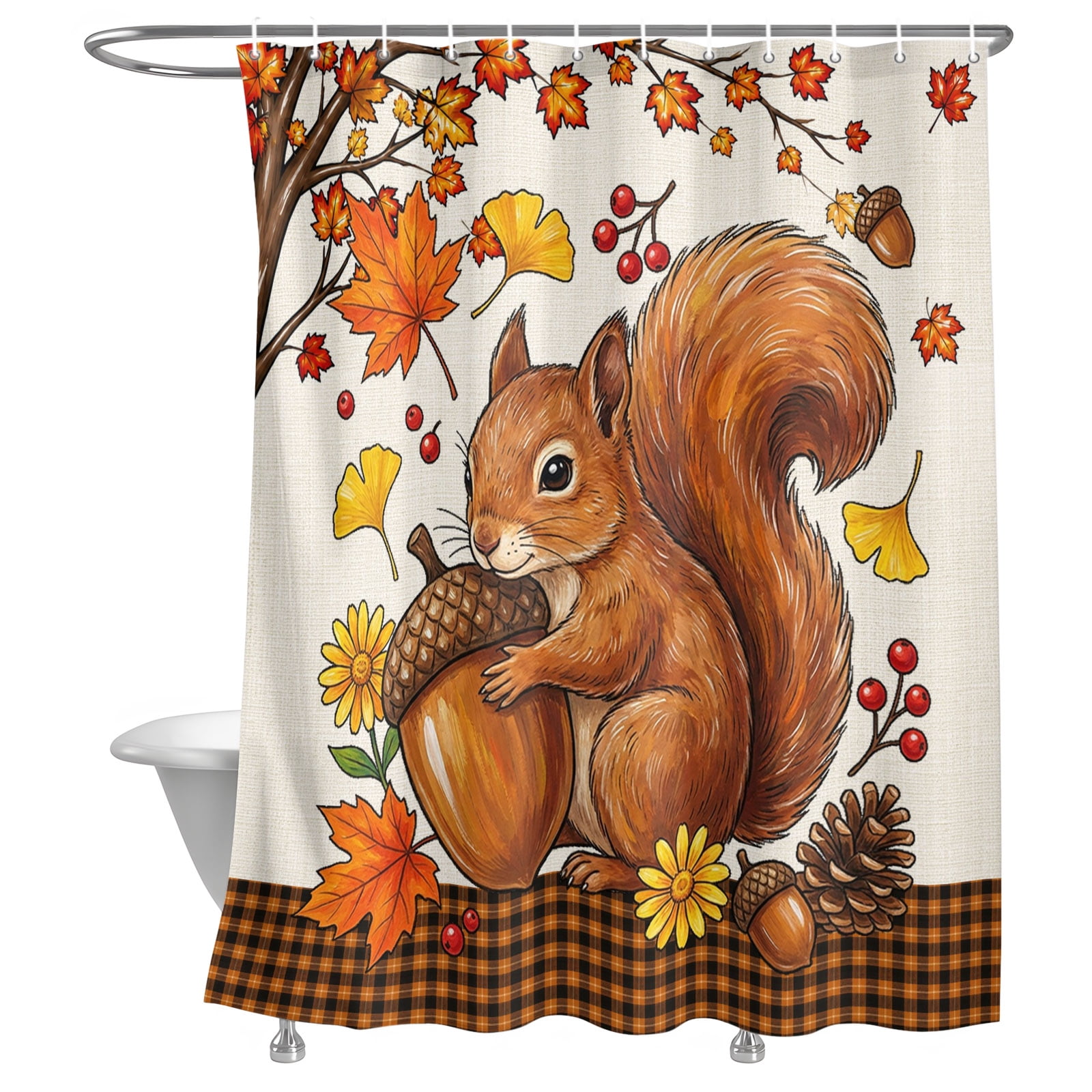 Bathroom Shower Curtain Autumn Harvest Squirrel Acorn Waterproof Shower ...