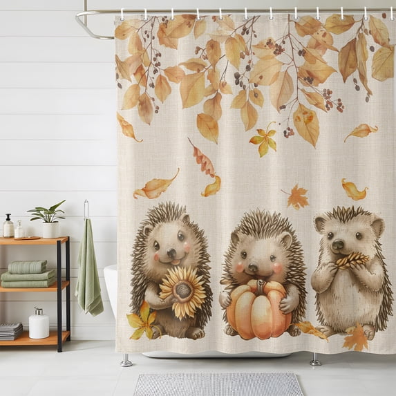 Bathroom Shower Curtain Autumn Leaves Hedgehog Thanksgiving Pumpkin ...
