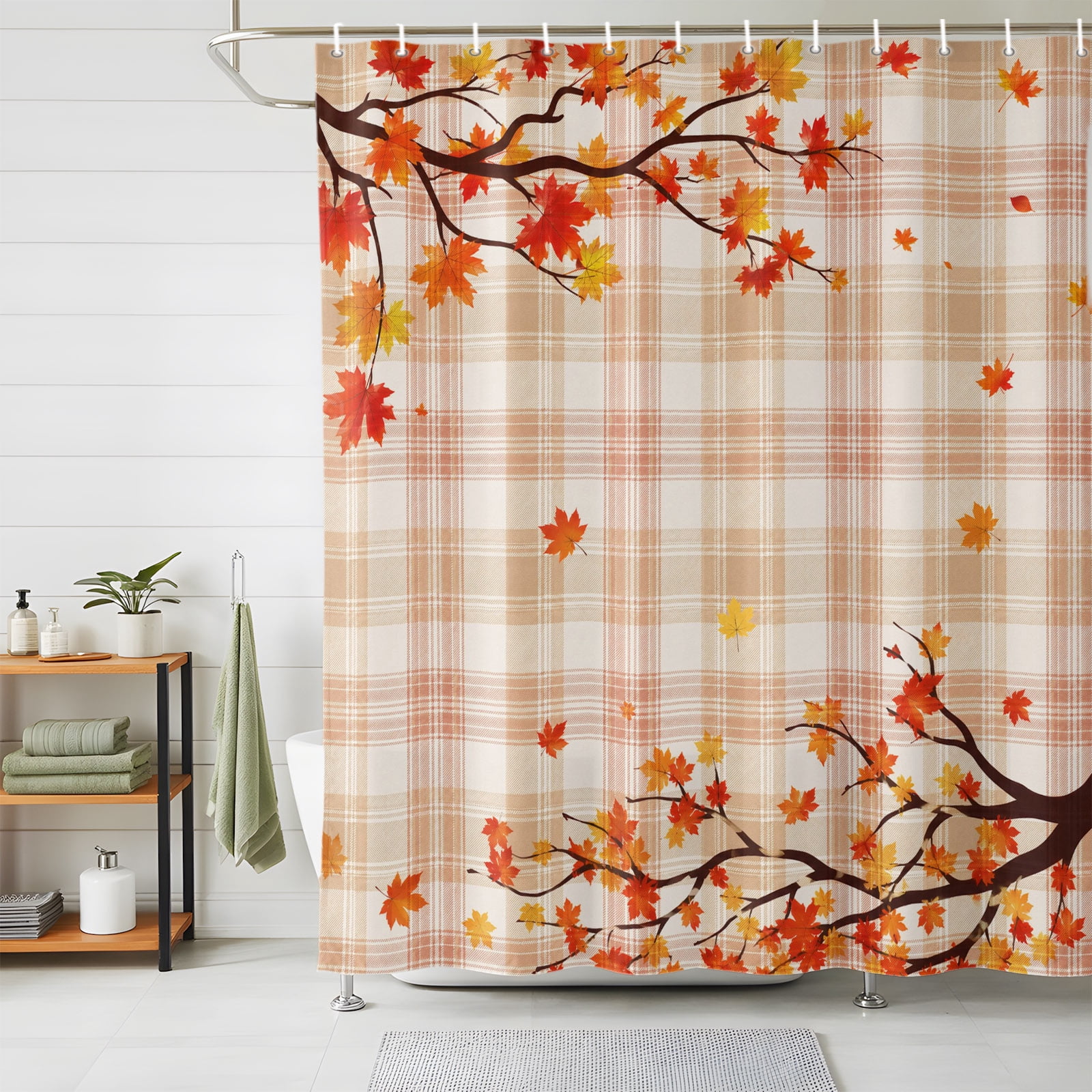 Bathroom Shower Curtain Autumn Maple Leaf Checkered Waterproof Shower ...