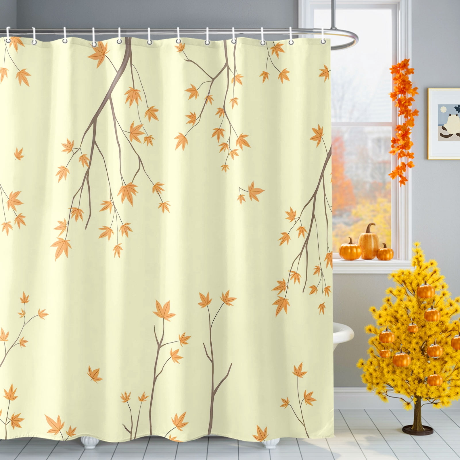 Bathroom Shower Curtain Autumn Maple Leaf on Yellow Background ...