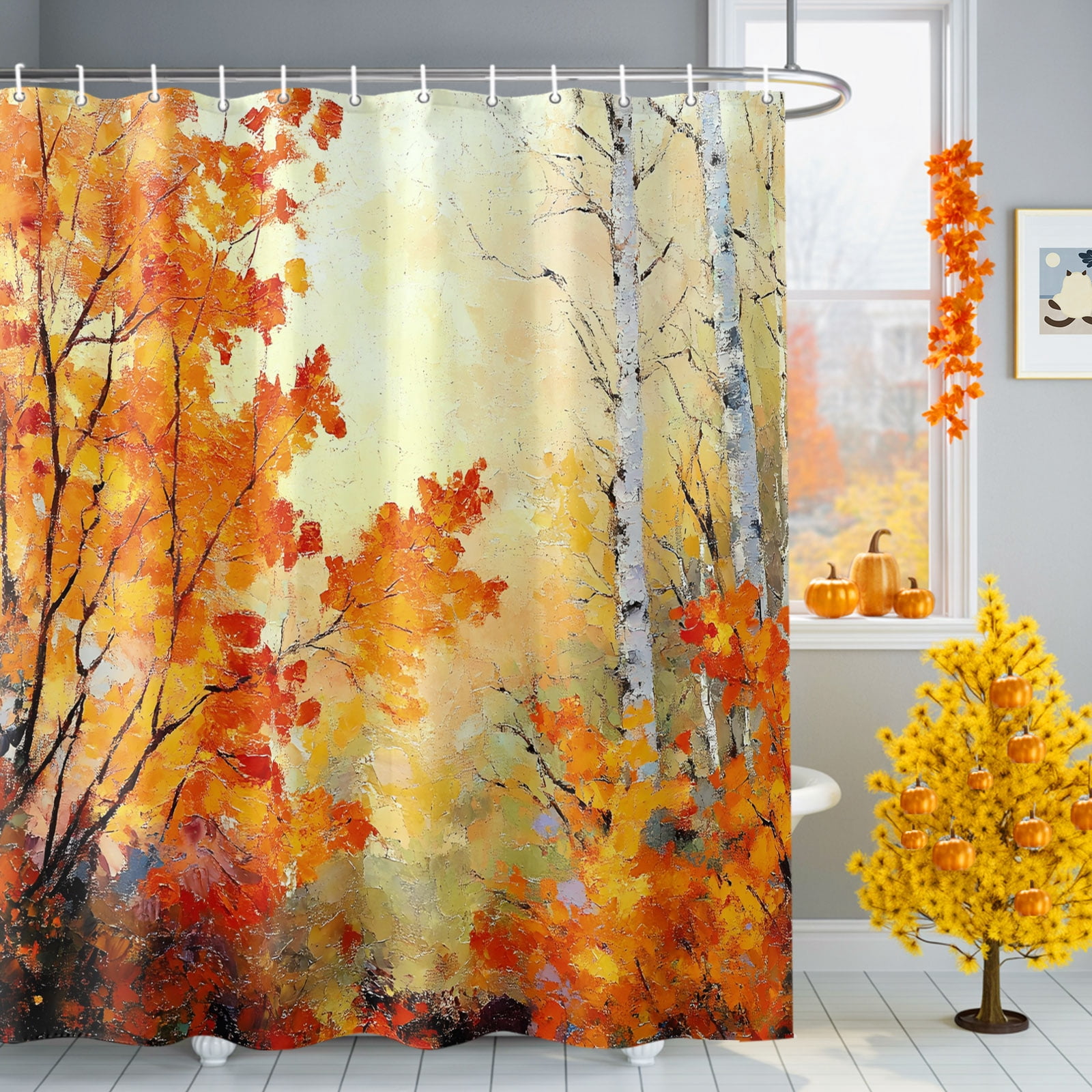 Bathroom Shower Curtain Autumn Maple Leaves Orange Gradient Waterproof ...