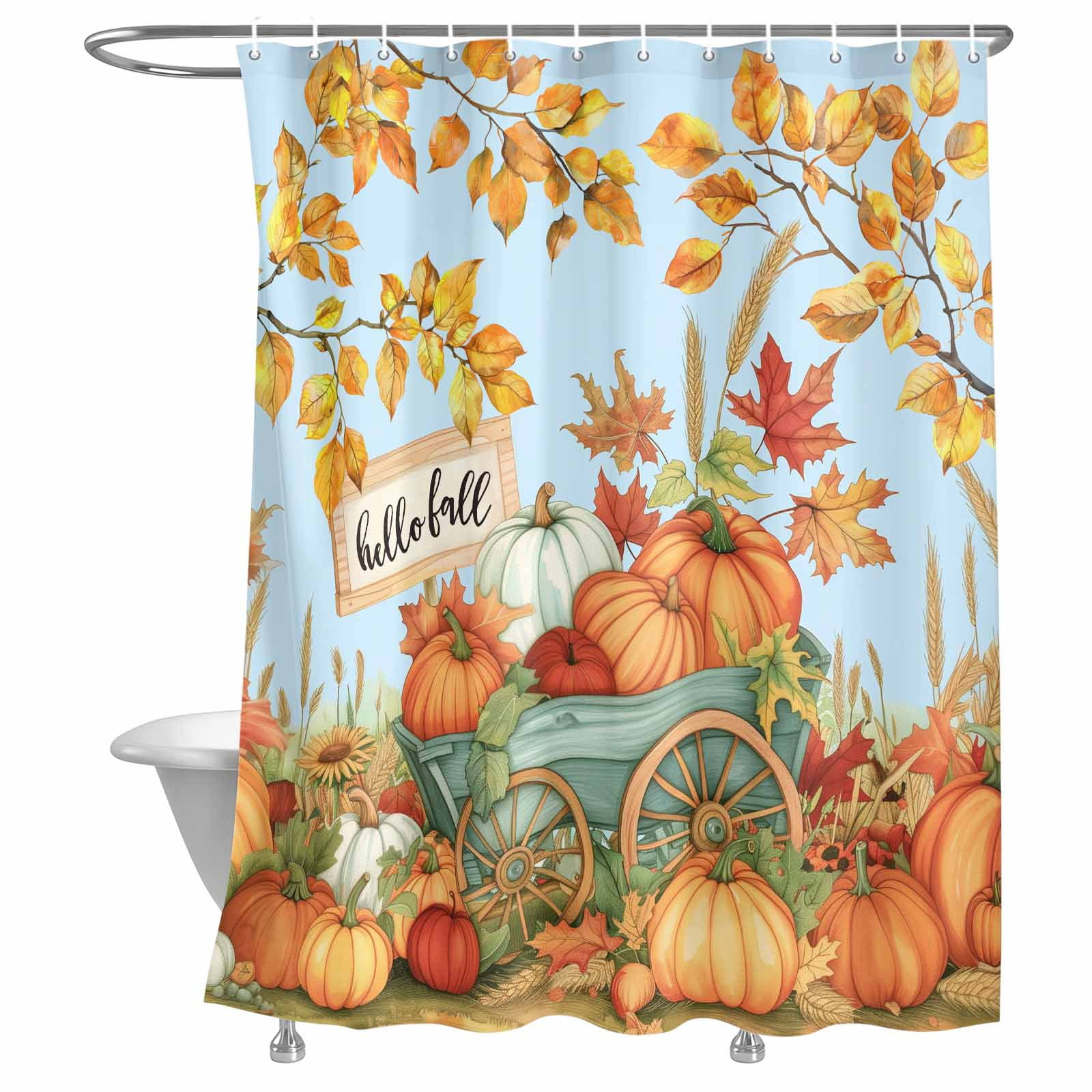 Bathroom Shower Curtain Autumn Orange Leaves Thanksgiving Pumpkin ...