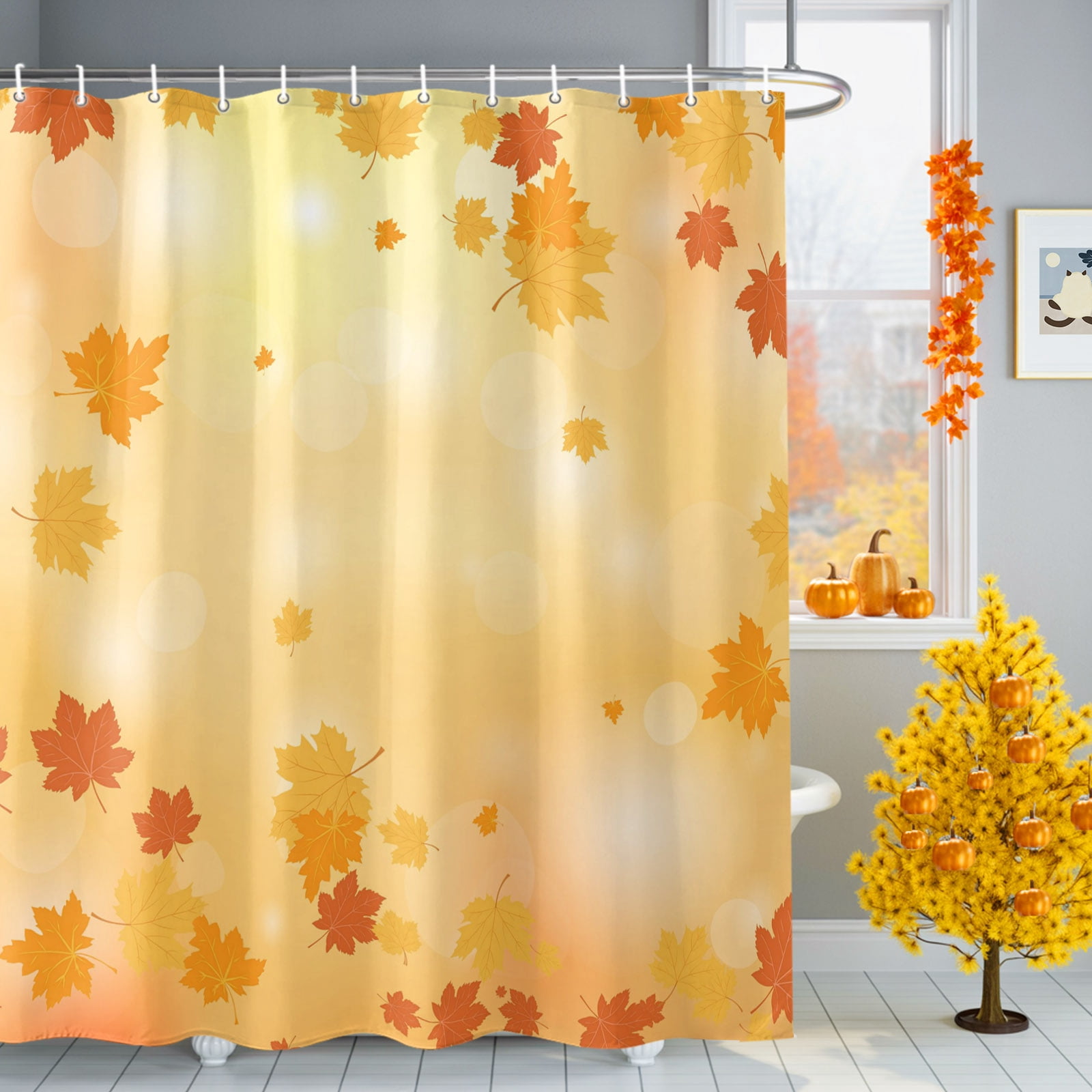 Bathroom Shower Curtain Autumn Orange Maple Leaf Thanksgiving ...