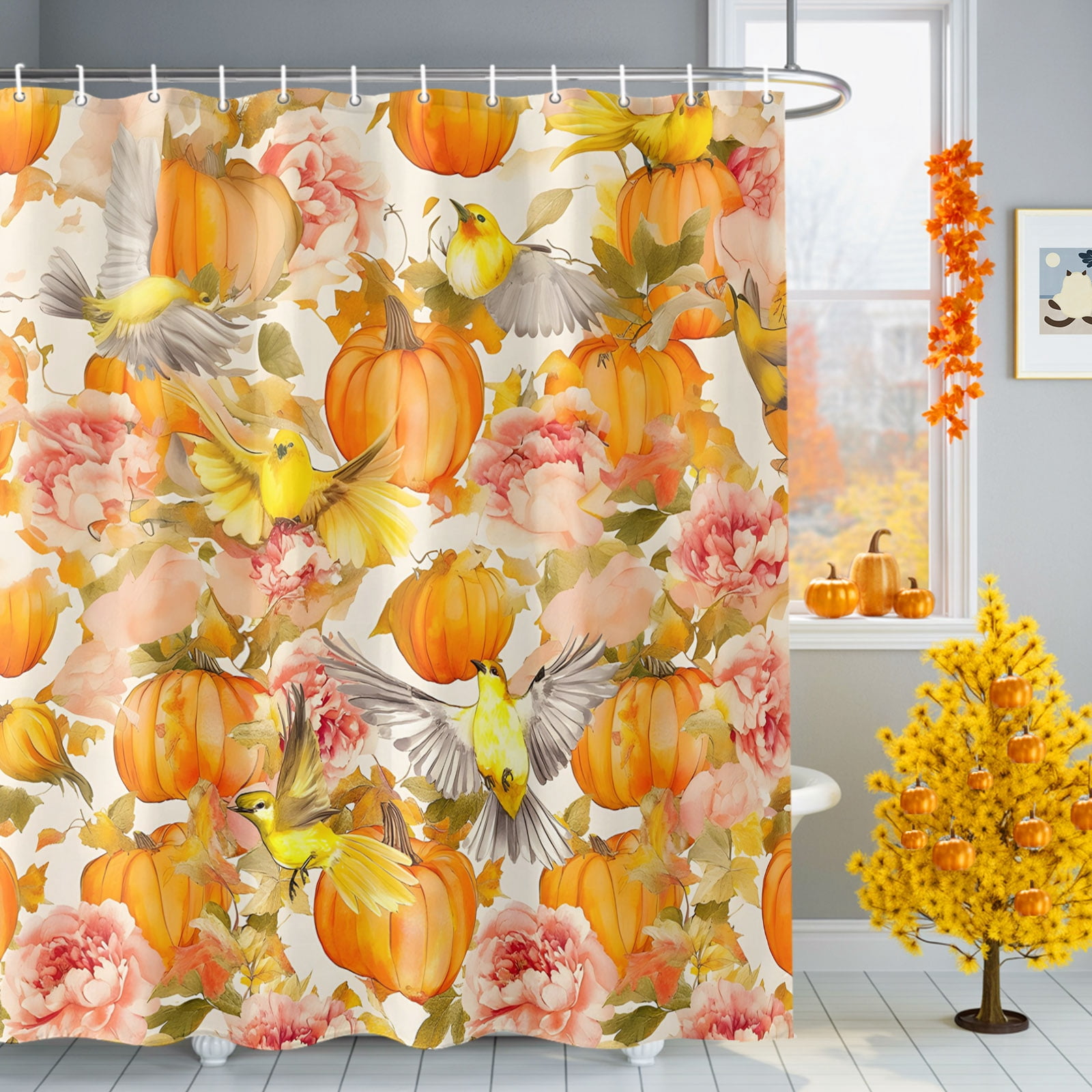 Bathroom Shower Curtain Autumn Orange Pumpkin Pink Flower Waterproof ...