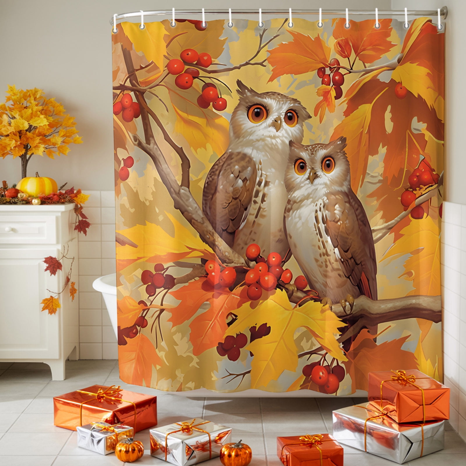 Bathroom Shower Curtain Autumn Owl Couple on Branch Waterproof Shower ...