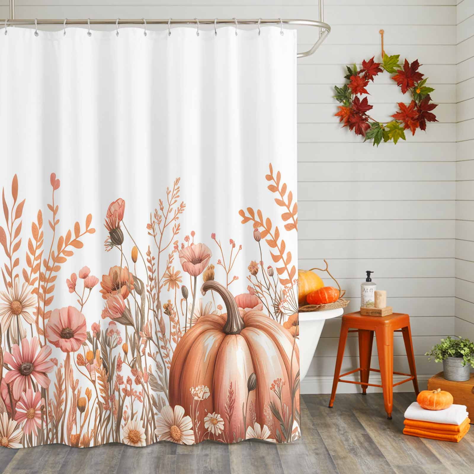 Bathroom Shower Curtain Autumn Pumpkin Country Wildflowers Waterproof ...