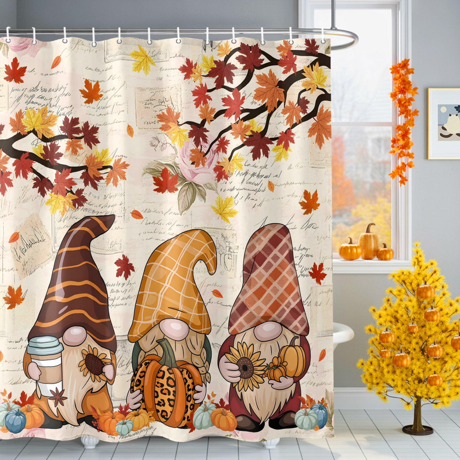 Bathroom Shower Curtain Autumn Pumpkin Gnomes Waterproof Shower ...