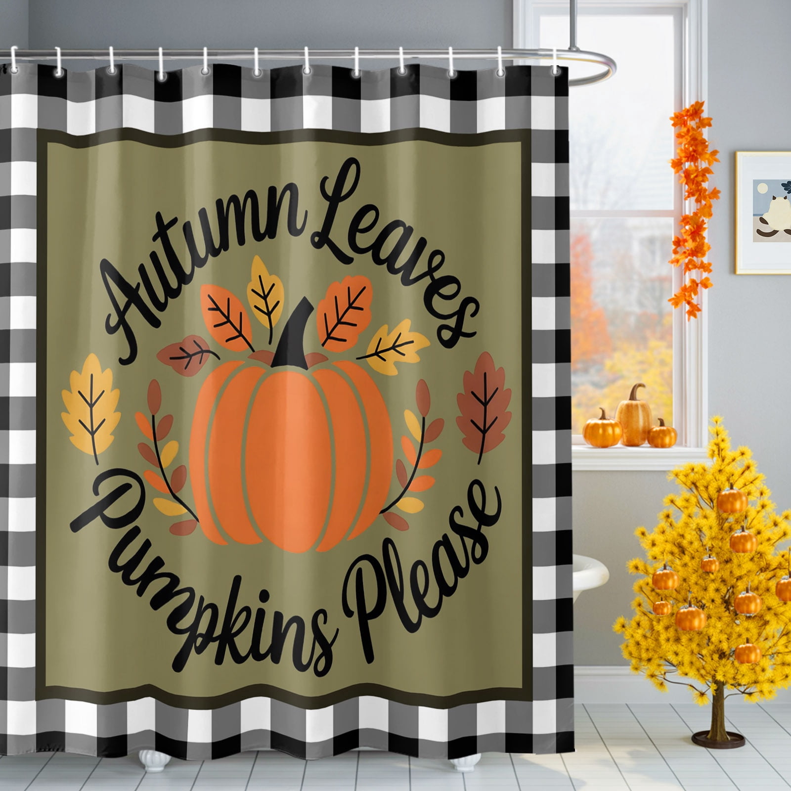 Bathroom Shower Curtain Autumn Pumpkin Leaves on Green Waterproof ...