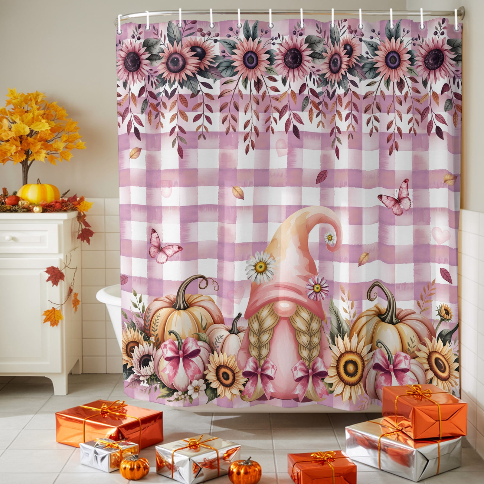 Bathroom Shower Curtain Autumn Sunflowers Pumpkins Waterproof Shower ...