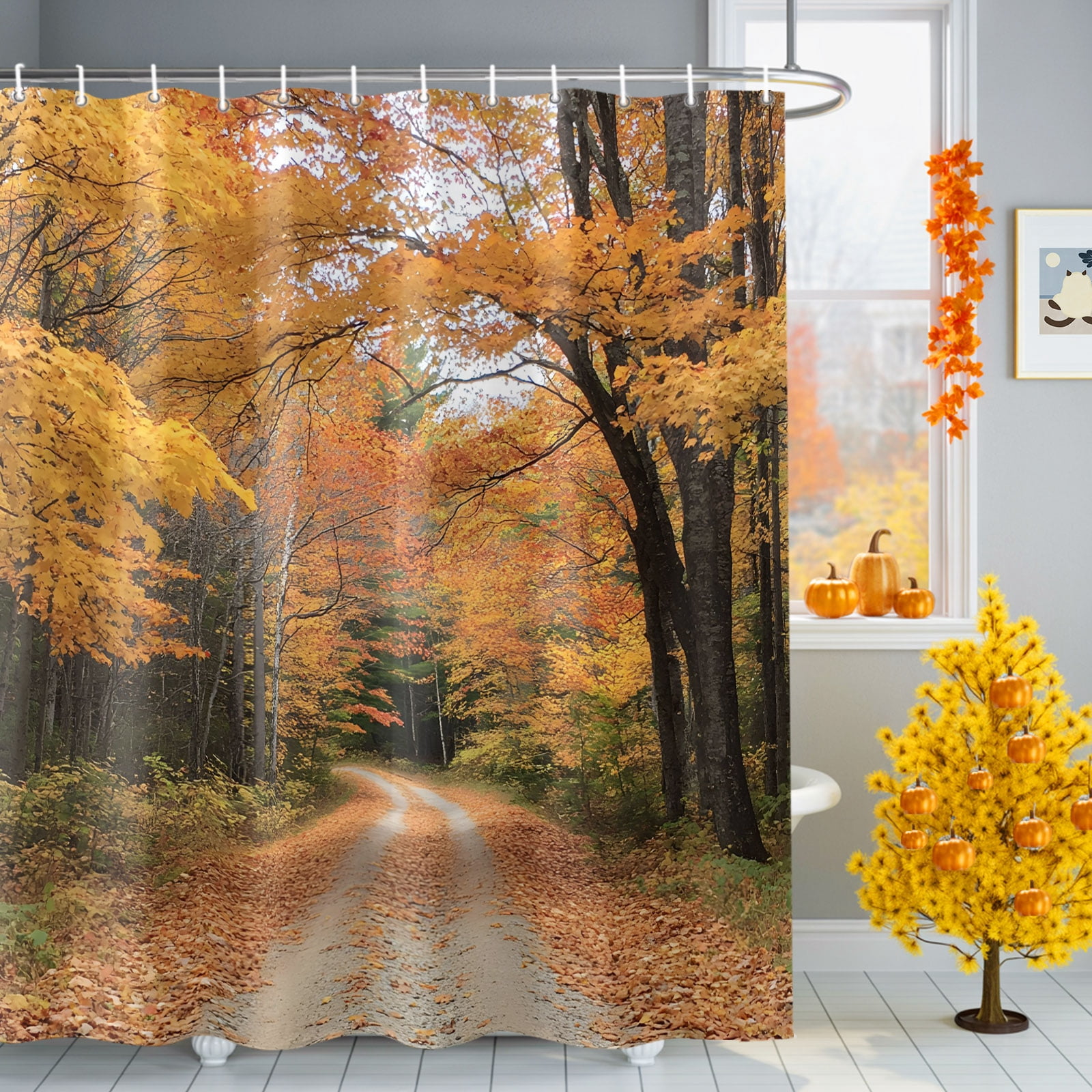 Bathroom Shower Curtain Autumn Wild Path Forest Fallen Leaf Waterproof ...