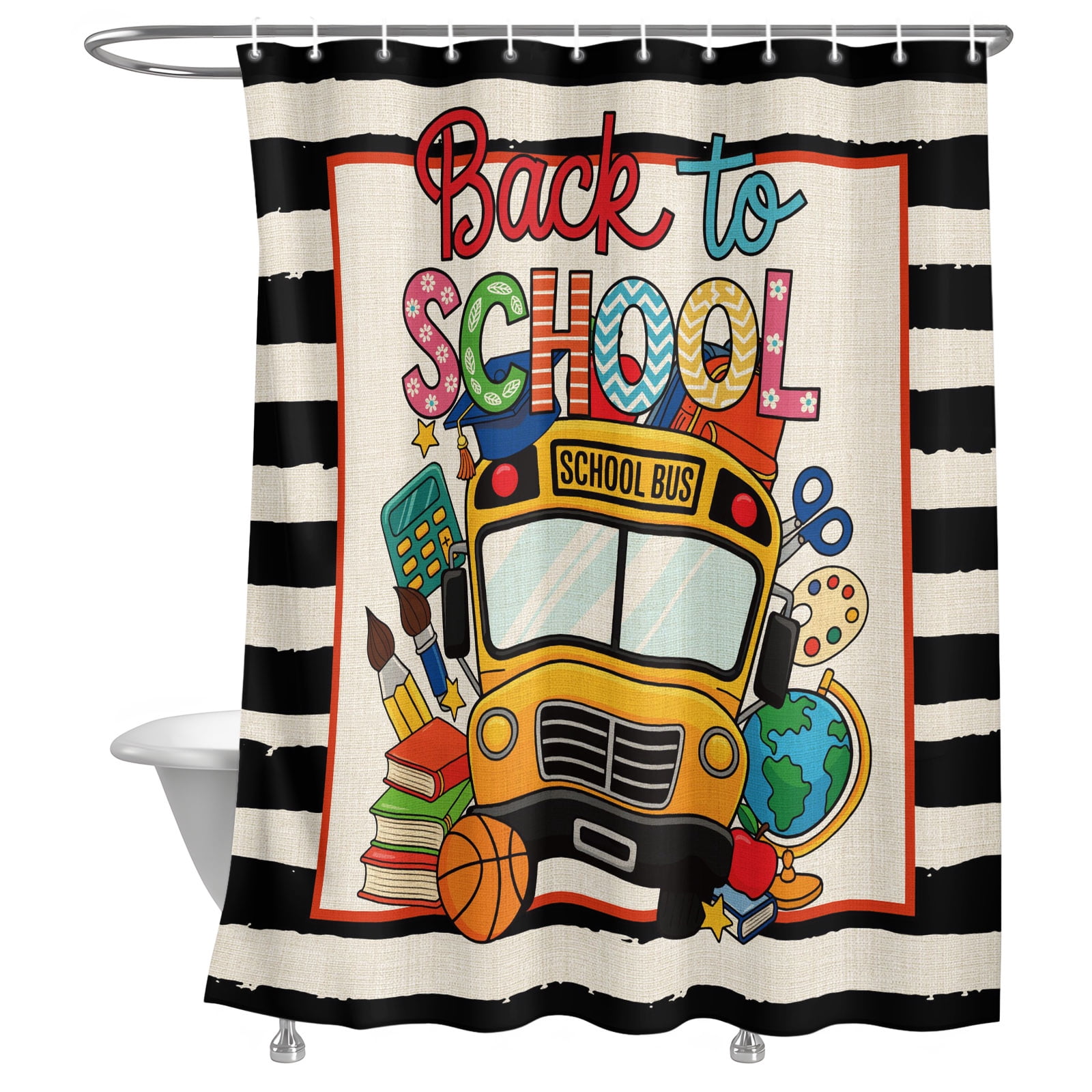 Bathroom Shower Curtain Back To School Bus Book Brush Waterproof Shower ...