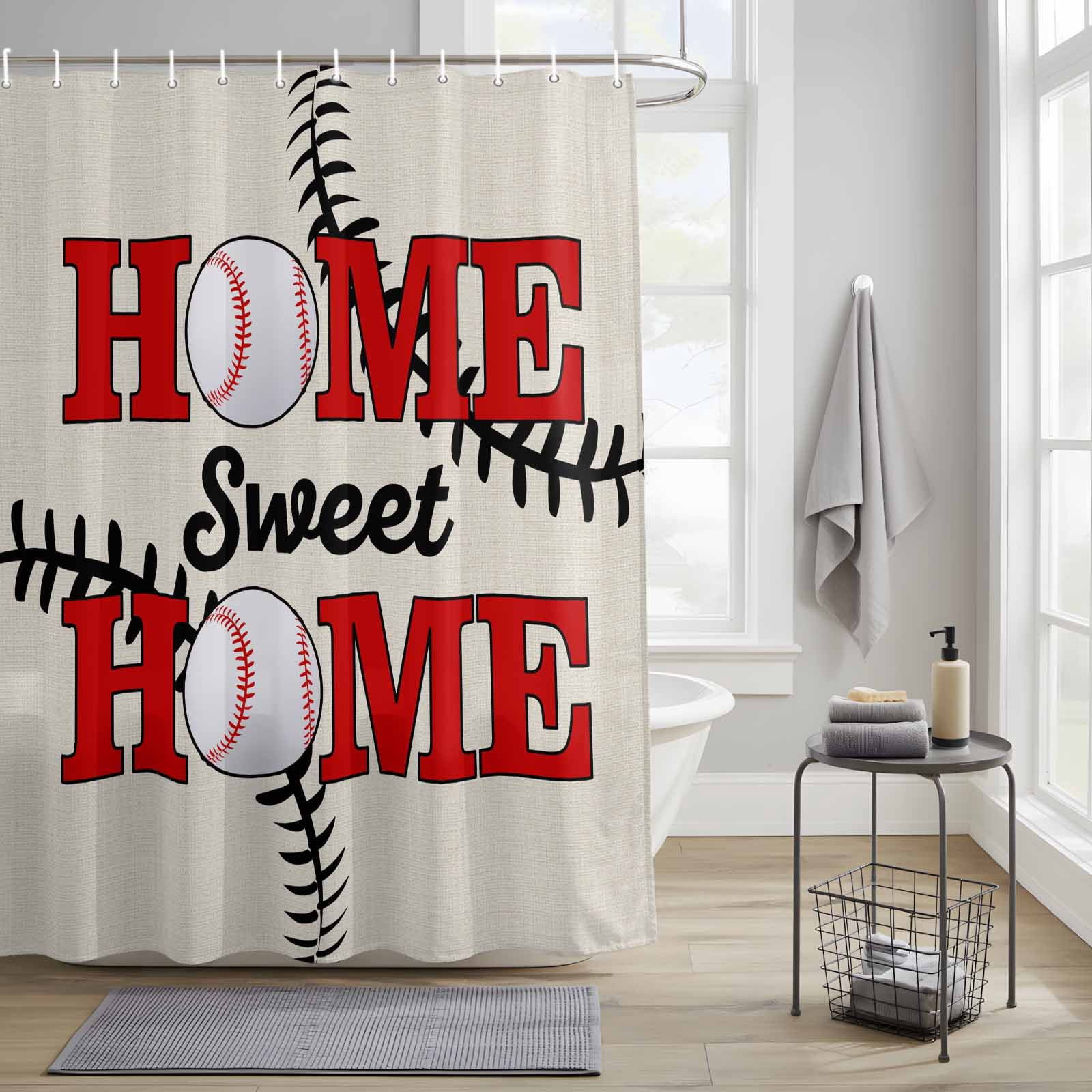 Bathroom Shower Curtain Baseball Texture Sweet Home Text Waterproof ...