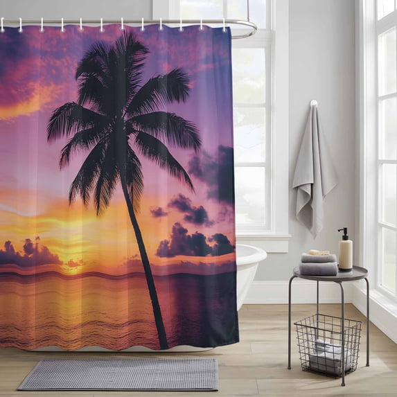 Bathroom Shower Curtain Beach Sunset Coconut Tree Waterproof Shower ...