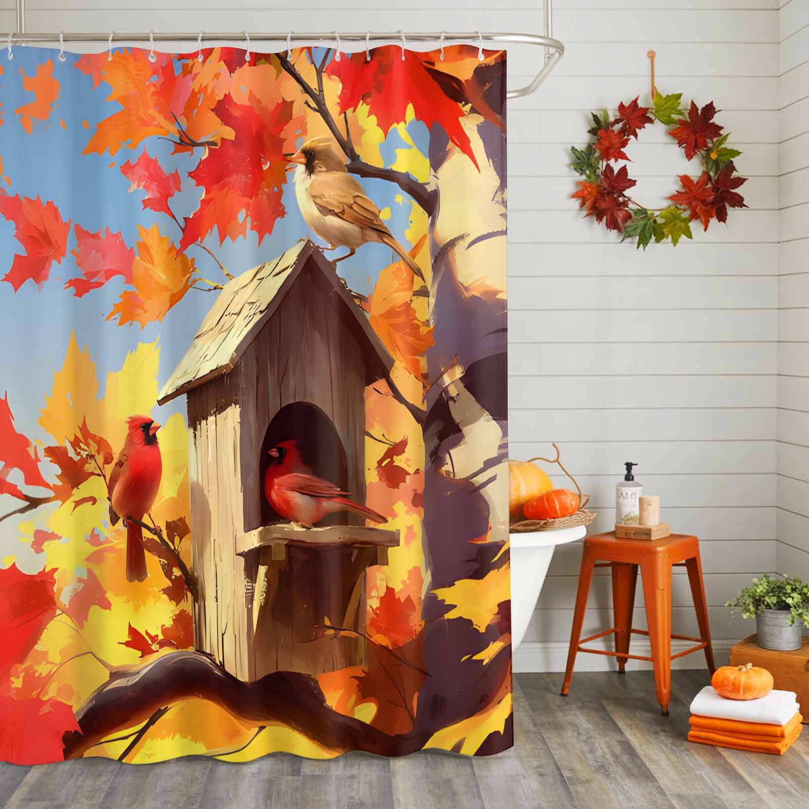 Bathroom Shower Curtain Bird Autumn Farm Maple Leaves Red Yellow ...