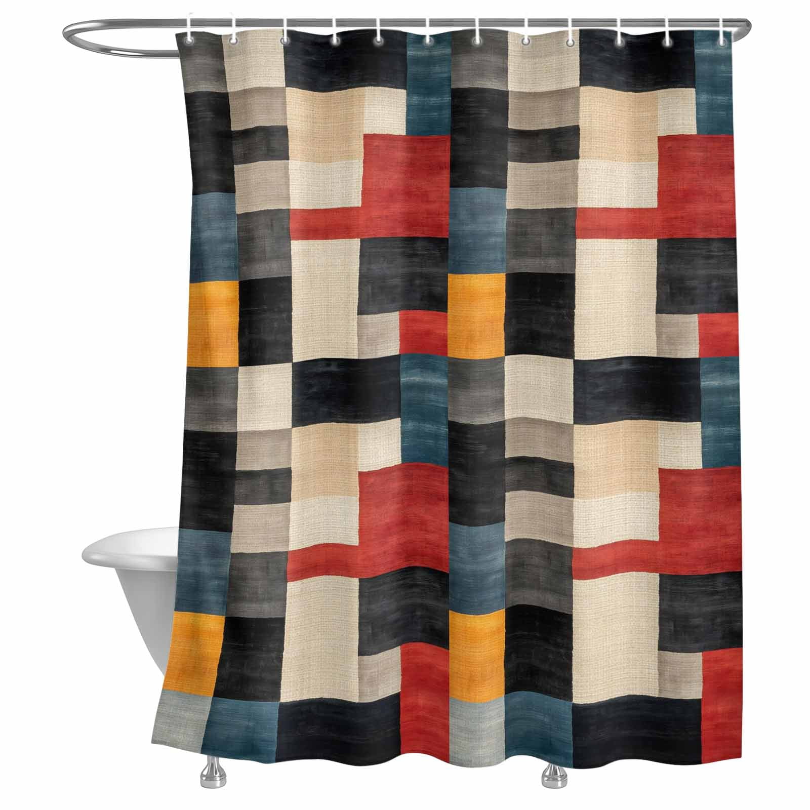 Bathroom Shower Curtain Black Red Color Block Waterproof Shower ...