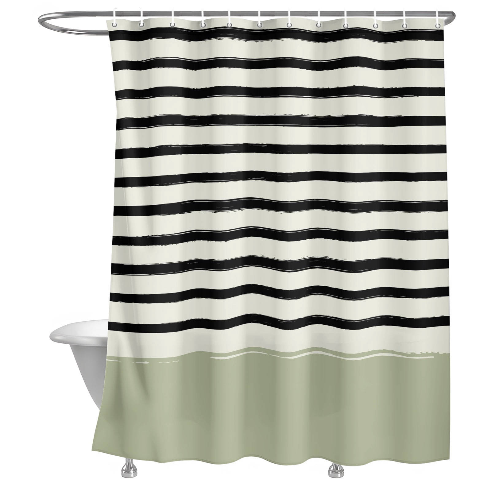 Bathroom Shower Curtain Black Stripe Sage Green Block Waterproof Shower ...