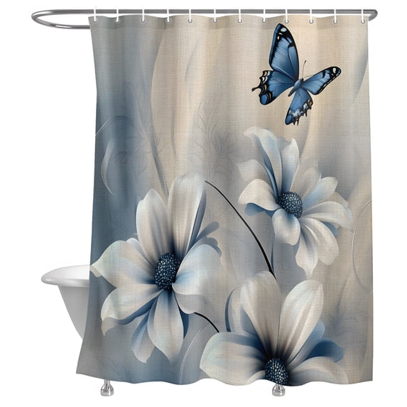 Bathroom Shower Curtain Blossom Floral Blue Butterfly Waterproof Shower ...