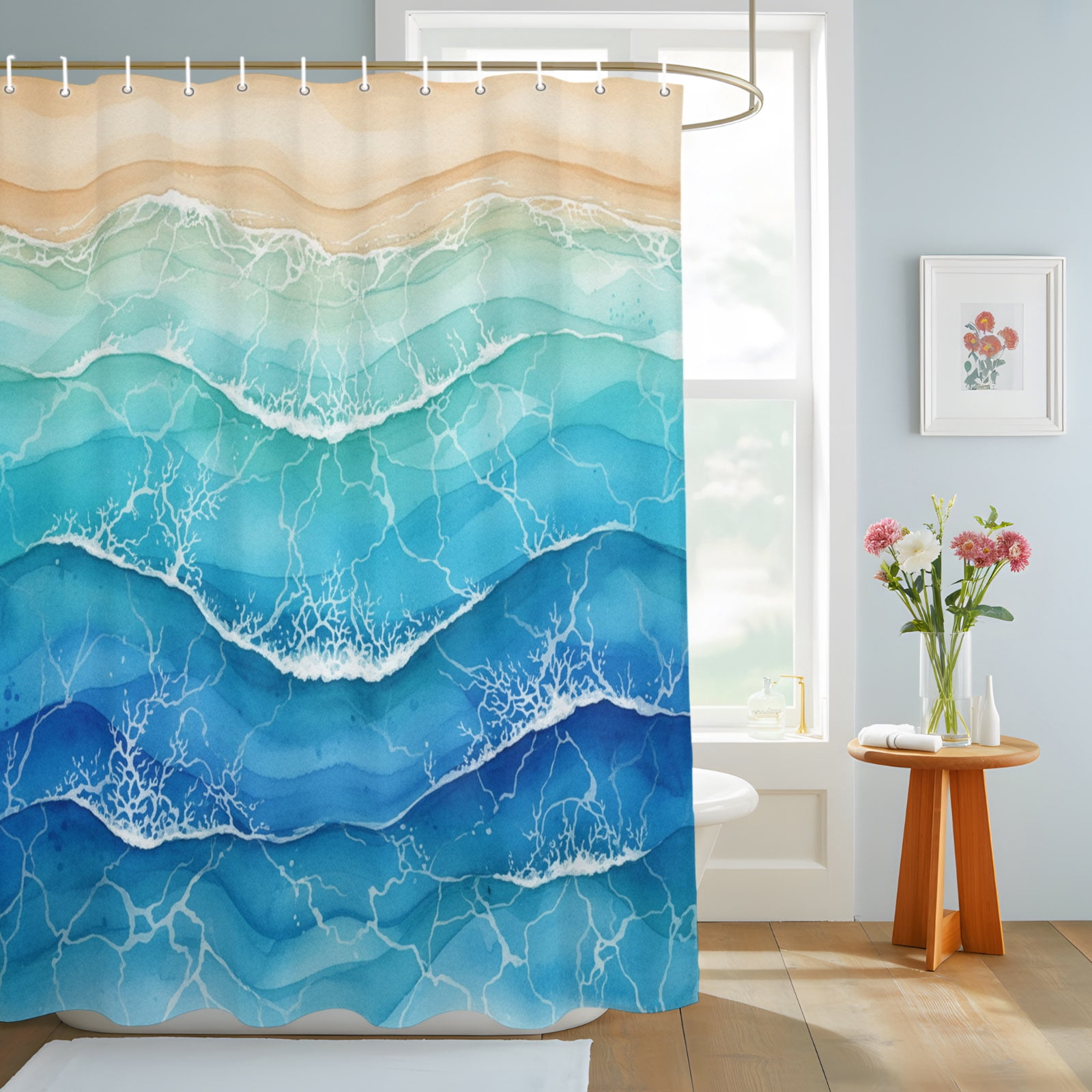 Bathroom Shower Curtain Blue Brown Gradual Wave Waterproof Shower ...