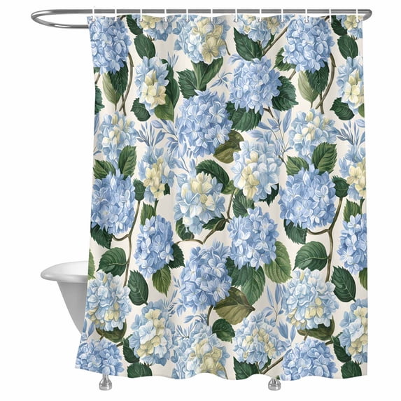 Bathroom Shower Curtain Blue Flower Hydrangea Green Leaf Waterproof ...