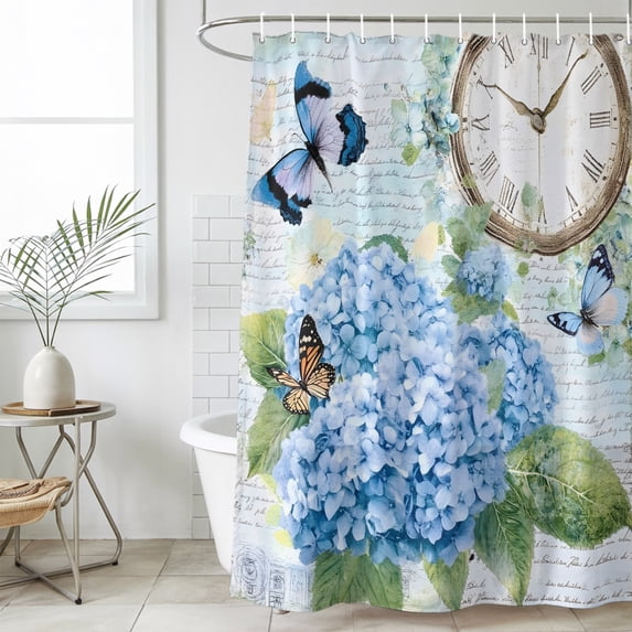 Bathroom Shower Curtain Blue Hydrangea Flower Butterflies Waterproof ...